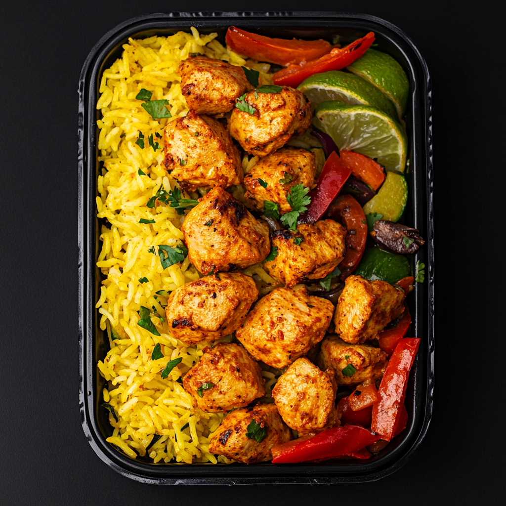Chicken Shish Taouk Kebab over Saffron Rice and Bell Pepper - MyoMeals